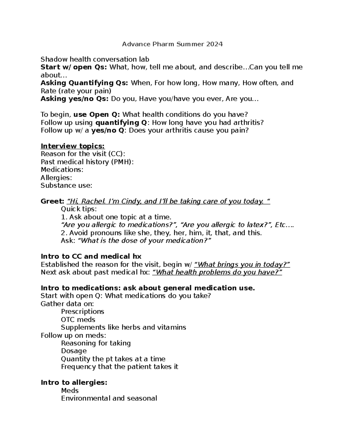 Shadow health analgesic concept lab - Advance Pharm Summer 2024 Shadow ...