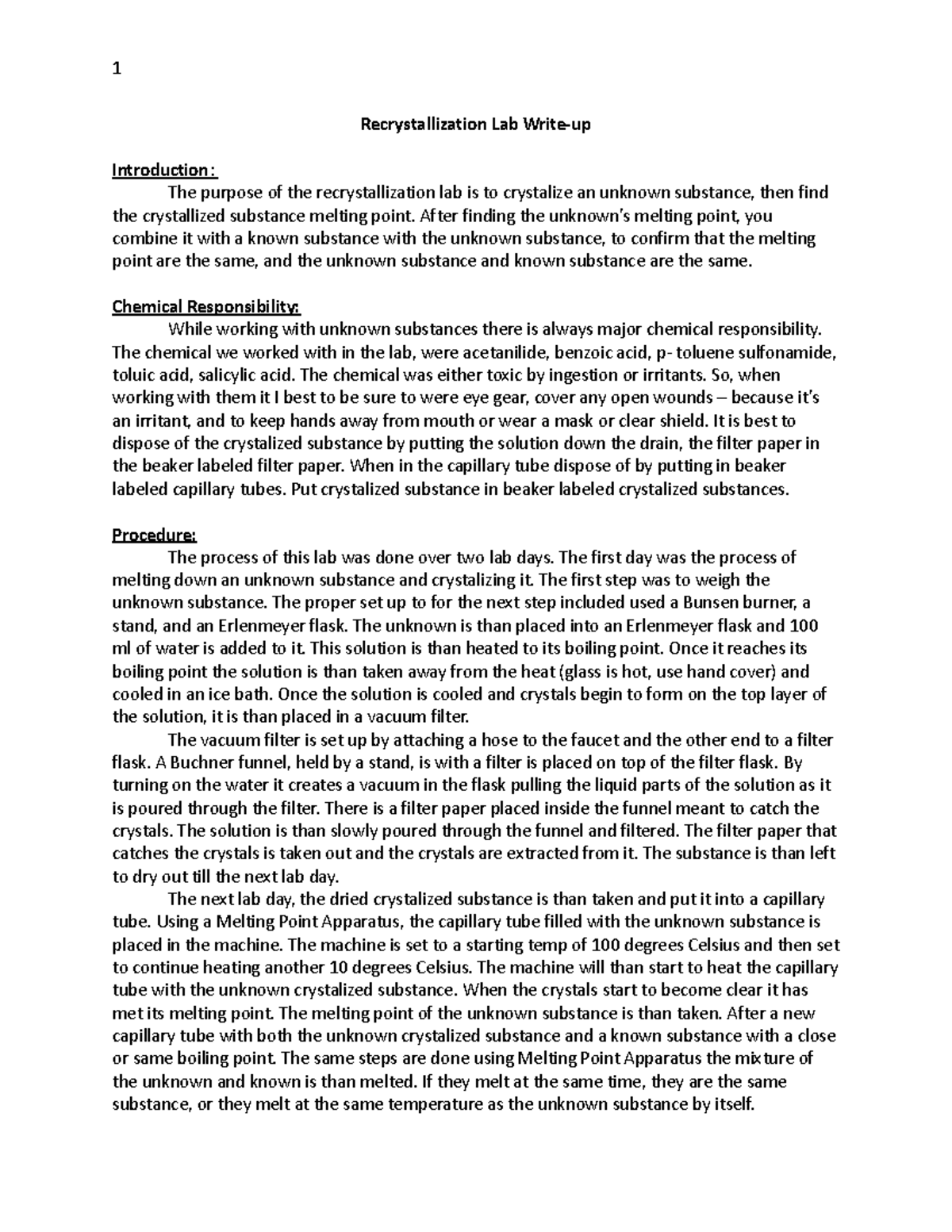 Recrystalization and Melting Point Lab- Doane Amanda - 1 ...