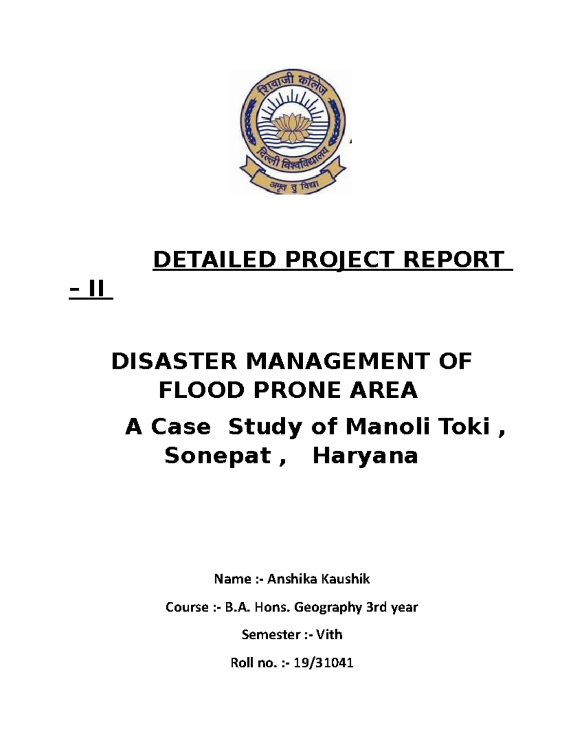Manoli toki village - DETAILED PROJECT REPORT – II DISASTER MANAGEMENT ...