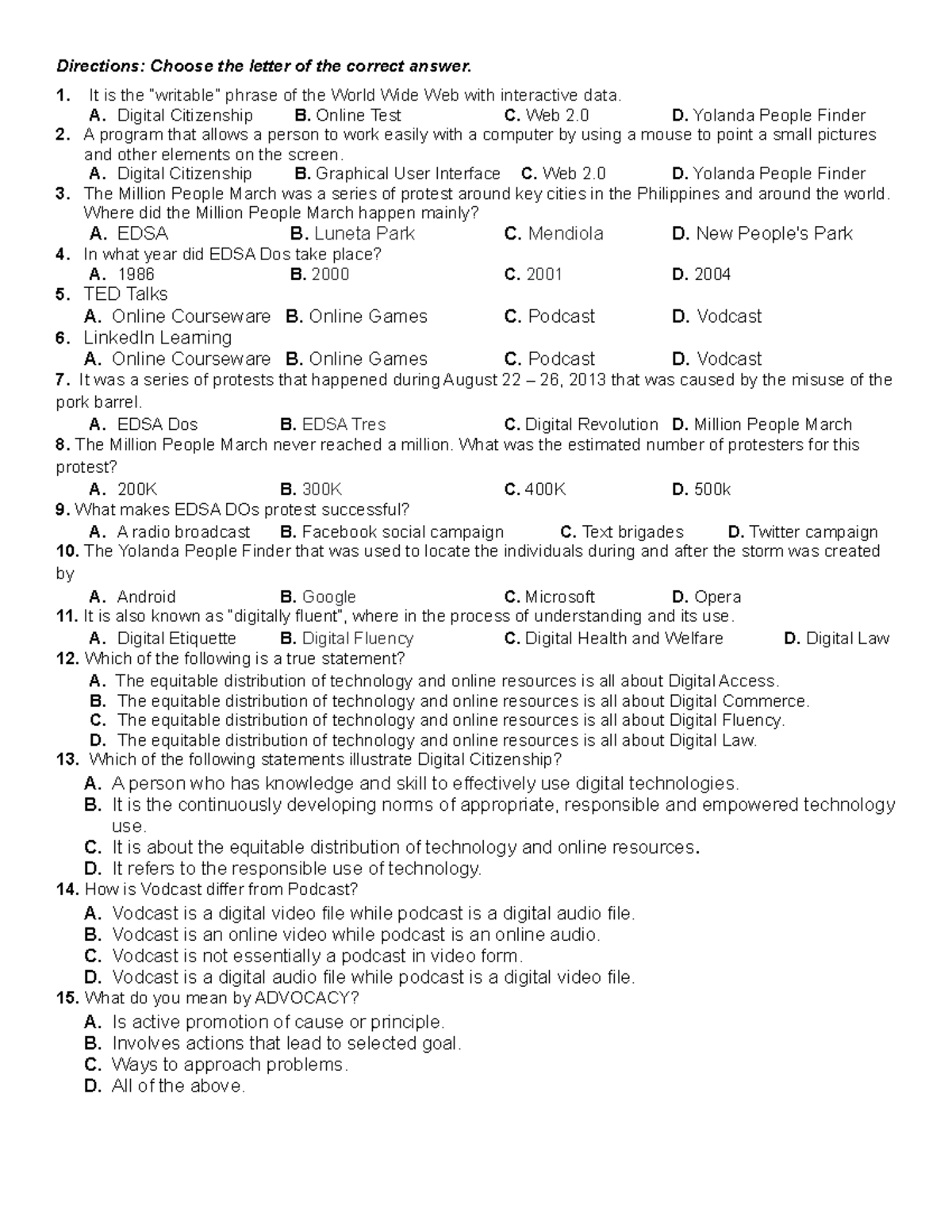 Em Tech Long Test - Test - Directions: Choose the letter of the correct ...