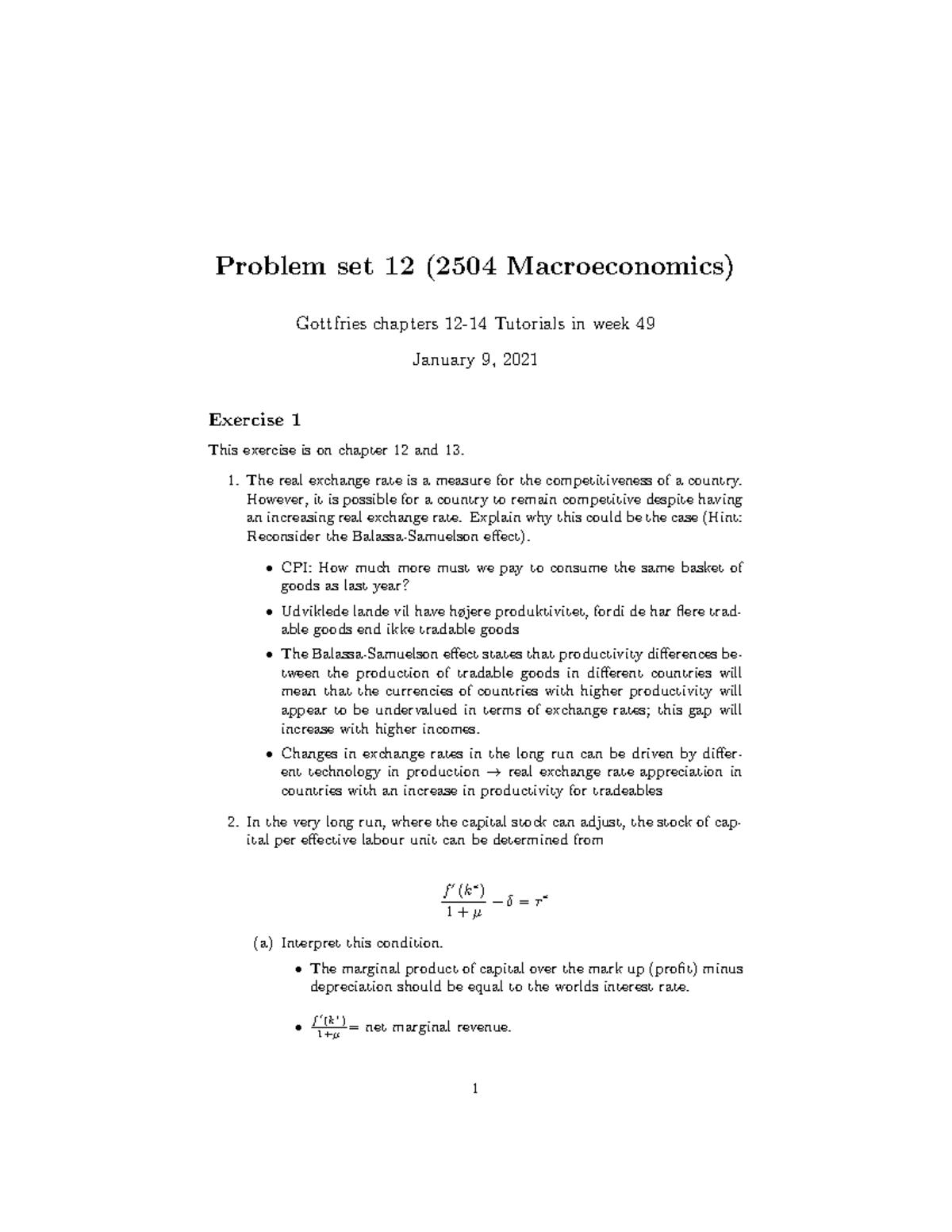 Problemset 12 macro - Løsninger på opgave sæt 12. - Problem set 12 (2504 Macroeconomics ...