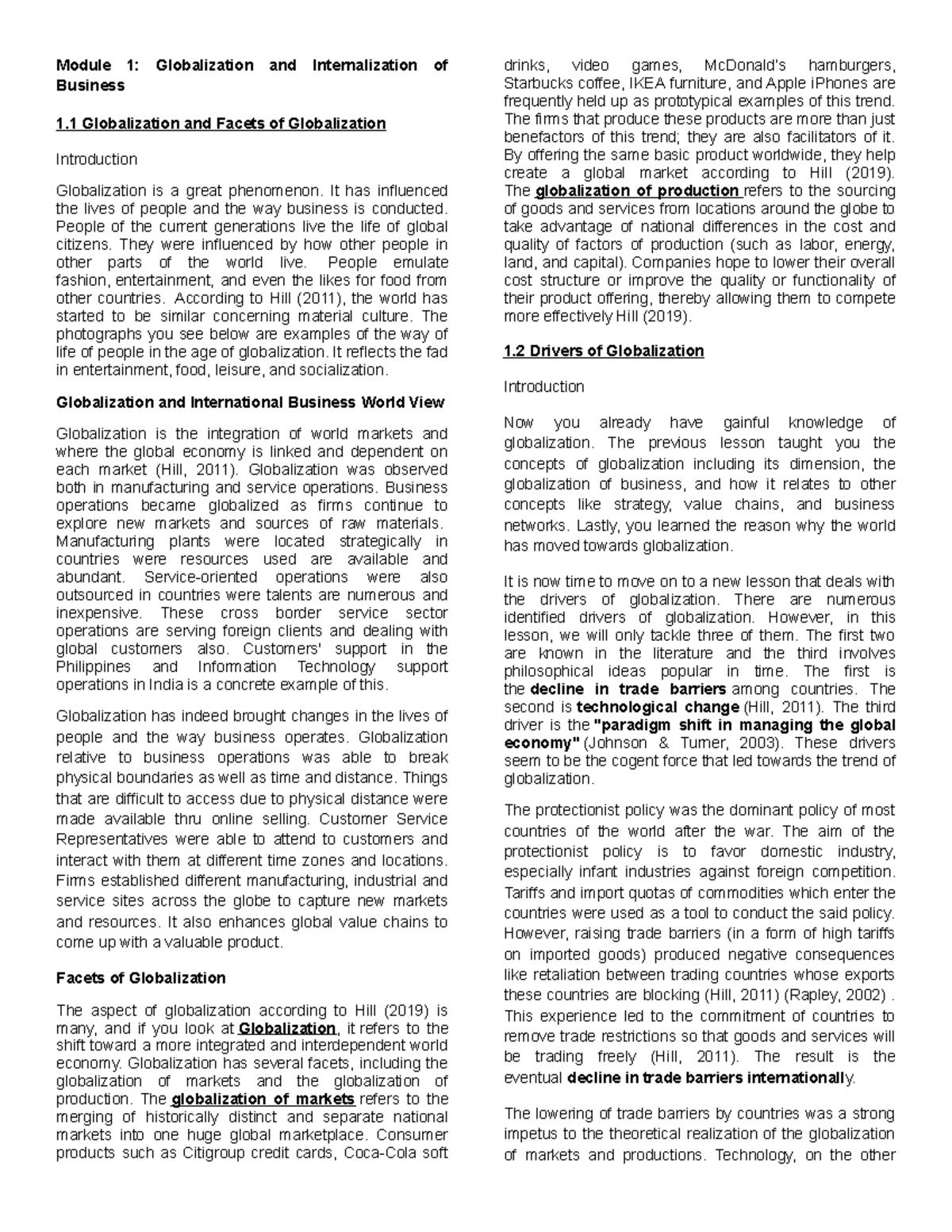 MAN 010 Module 1 - notes - Module 1: Globalization and Internalization ...