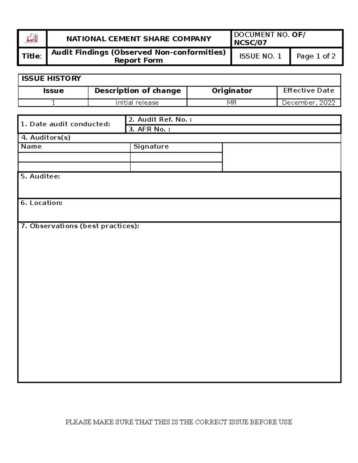 OF-NCSC-07 Audit Non Conformity reporting forms Dec, 2022 - NATIONAL ...