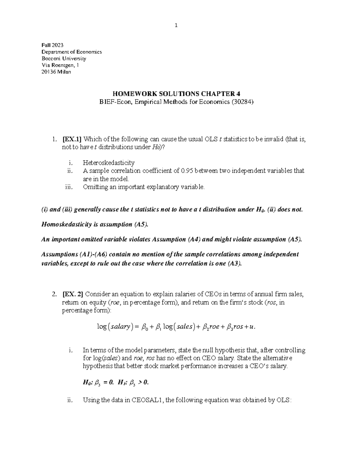 Homework Solutions Chapter 4 - Fall 202 3 Department of Economics ...