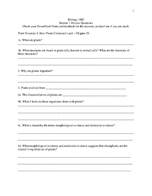 Bio 1002 section 1 - Lecture notes 1 - 1a. What are plants?A plant is a ...