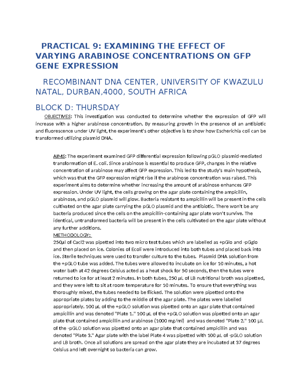 PRAC 9 RDNA - PRACTICAL 9: EXAMINING THE EFFECT OF VARYING ARABINOSE CONCENTRATIONS ON GFP GENE ...