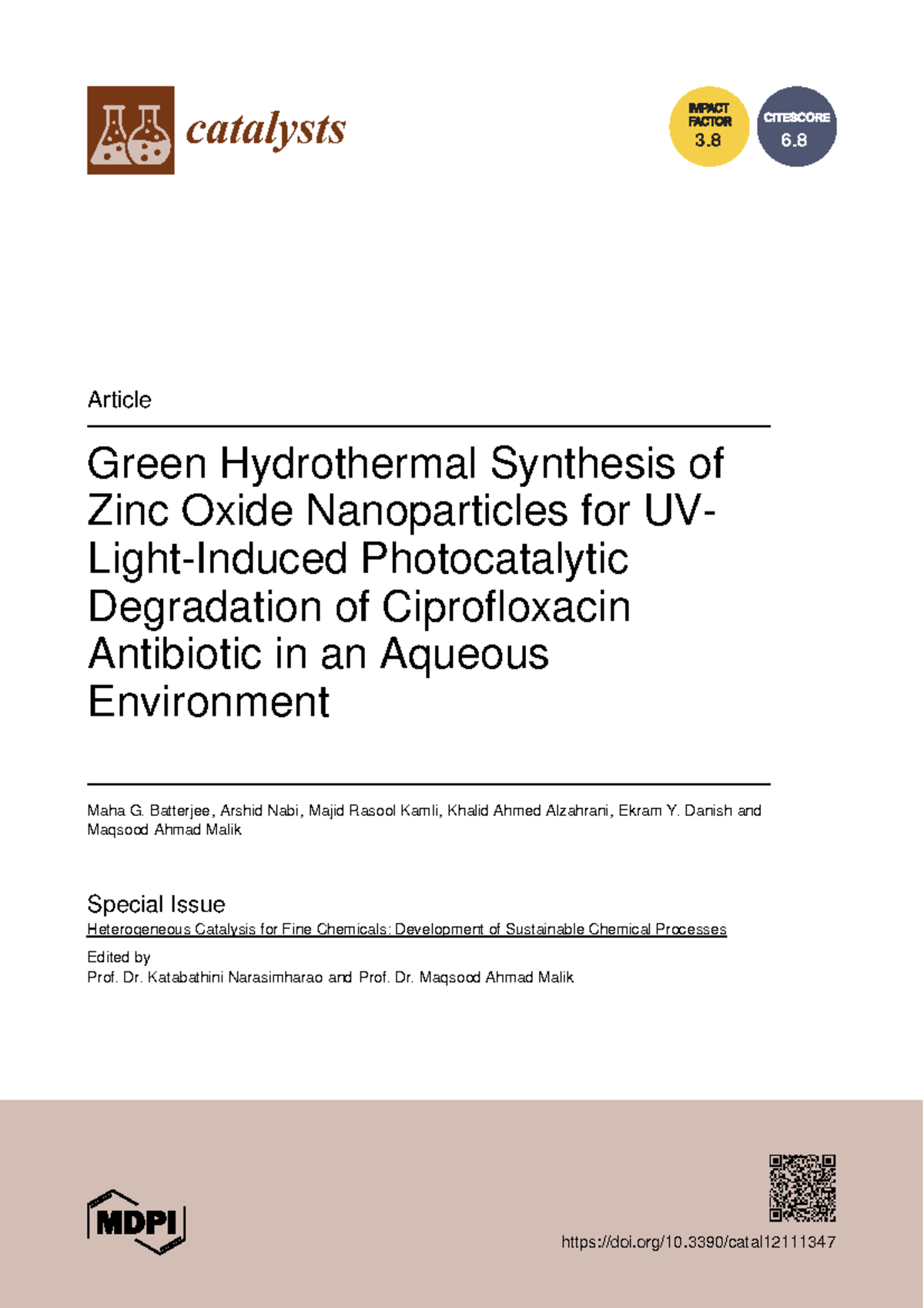 Catalysts 12 01347 with cover - 3 6. Green Hydrothermal Synthesis of Zinc Oxide Nanoparticles ...