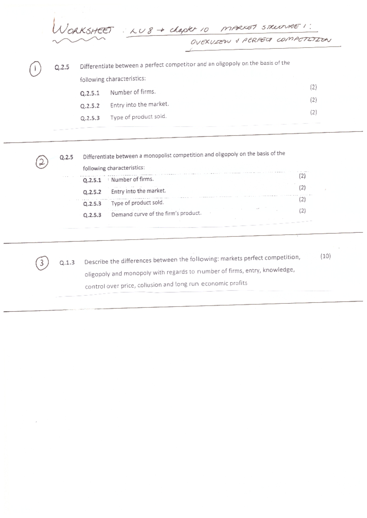 LU8 - Market Structure 1 Overview and Perfect Competition Worksheets ...