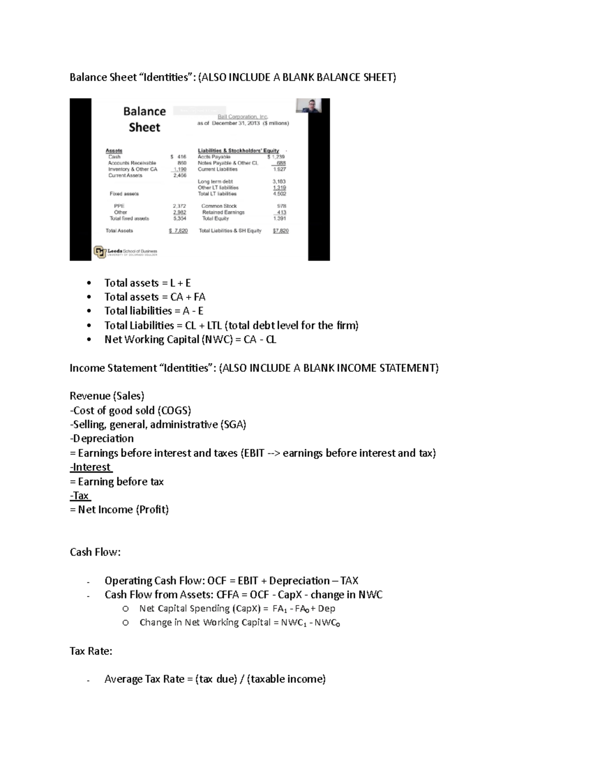 Principles of Finance Midterm Exam Study Guide - Balance Sheet “Identities”: (ALSO INCLUDE A ...