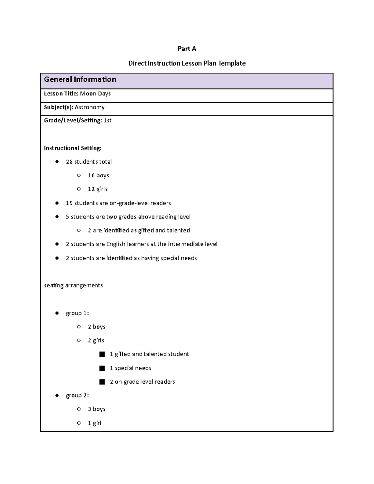 Lesson Plan 1 science methods 1st grade - Part A Direct Instruction ...