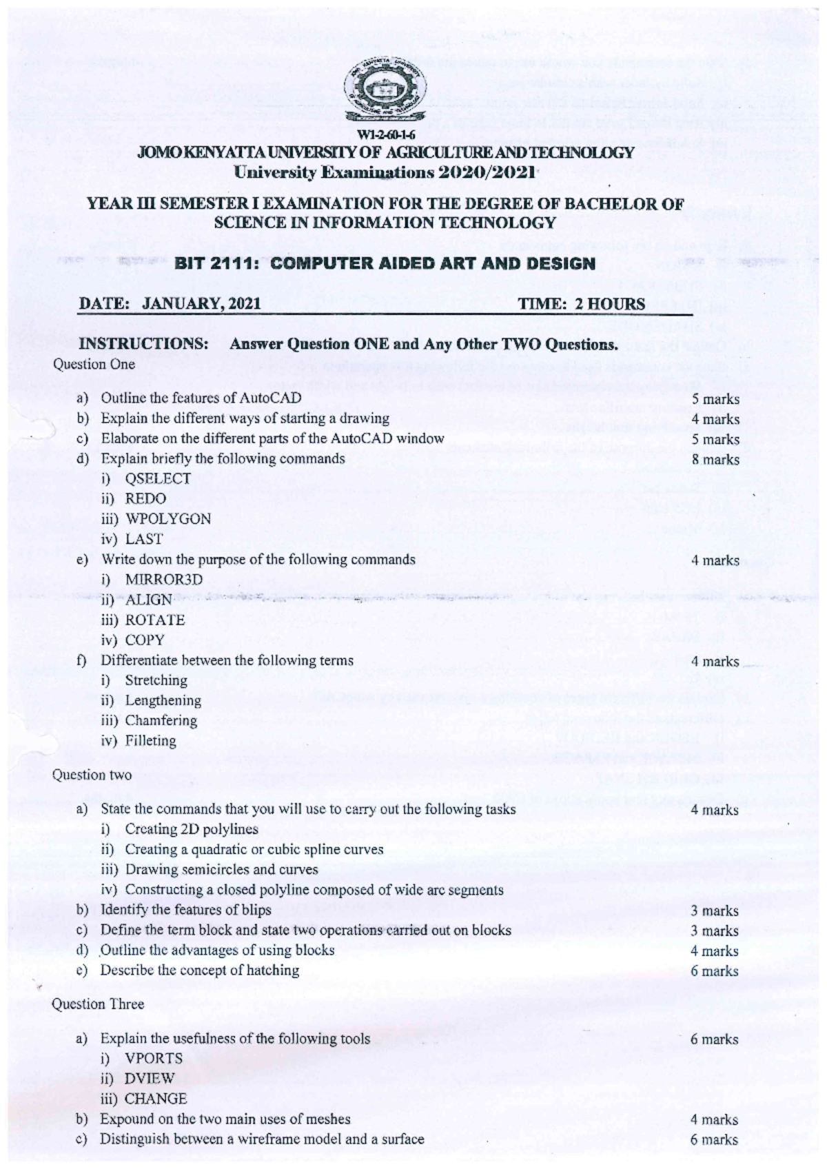BIT 2111 Computer Aided Design JAN 2021 - KENYATTA JOMOKENYATTA ...