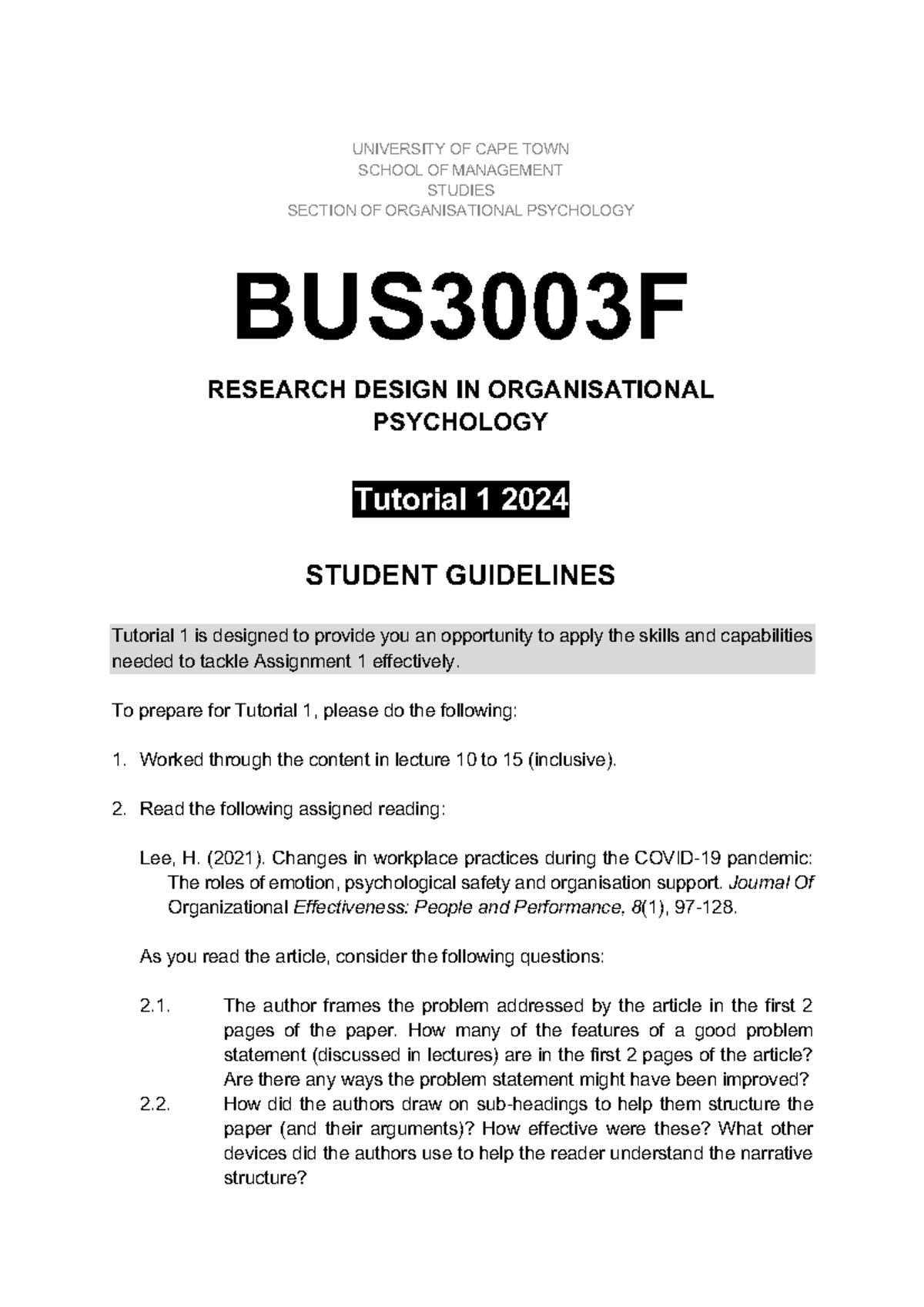 BUS3003F Tutorial 1 2024 - UNIVERSITY OF CAPE TOWN SCHOOL OF MANAGEMENT ...
