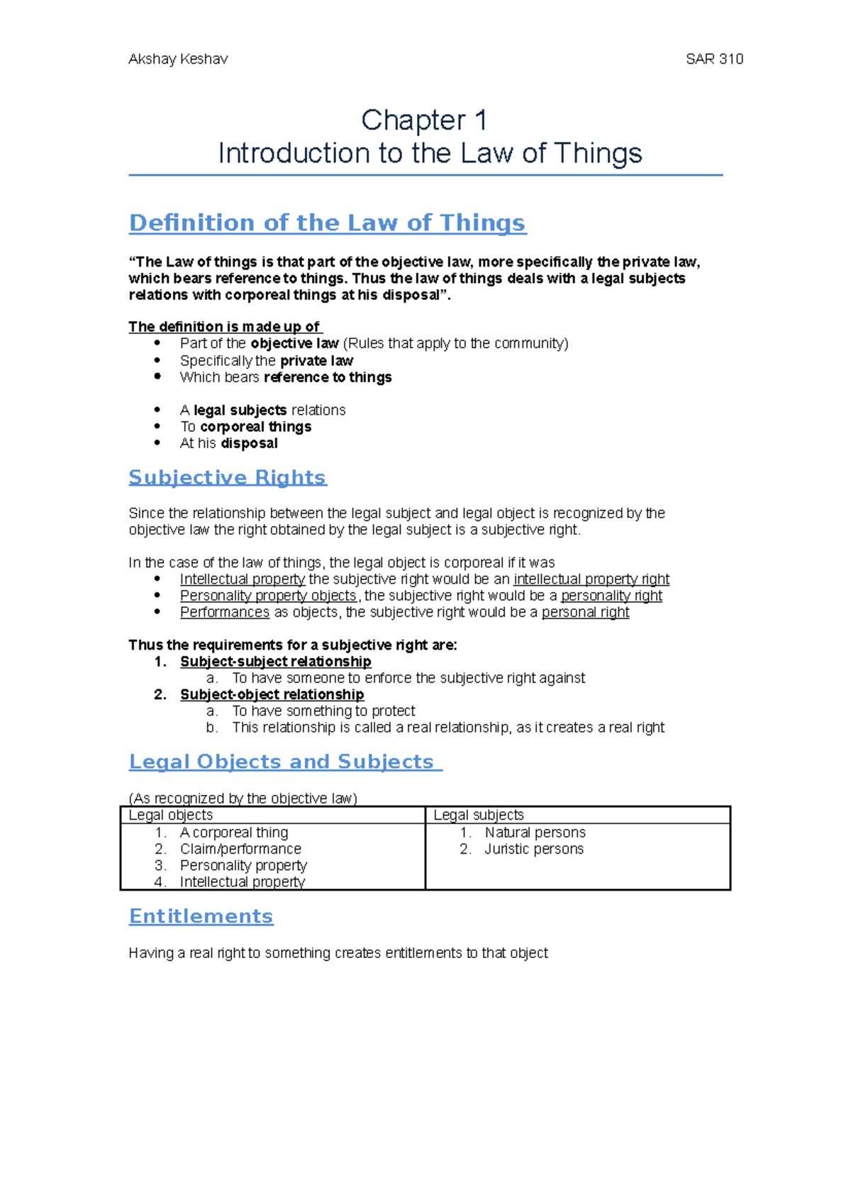Law of Things Notes - Chapter 1 Introduction to the Law of Things ...