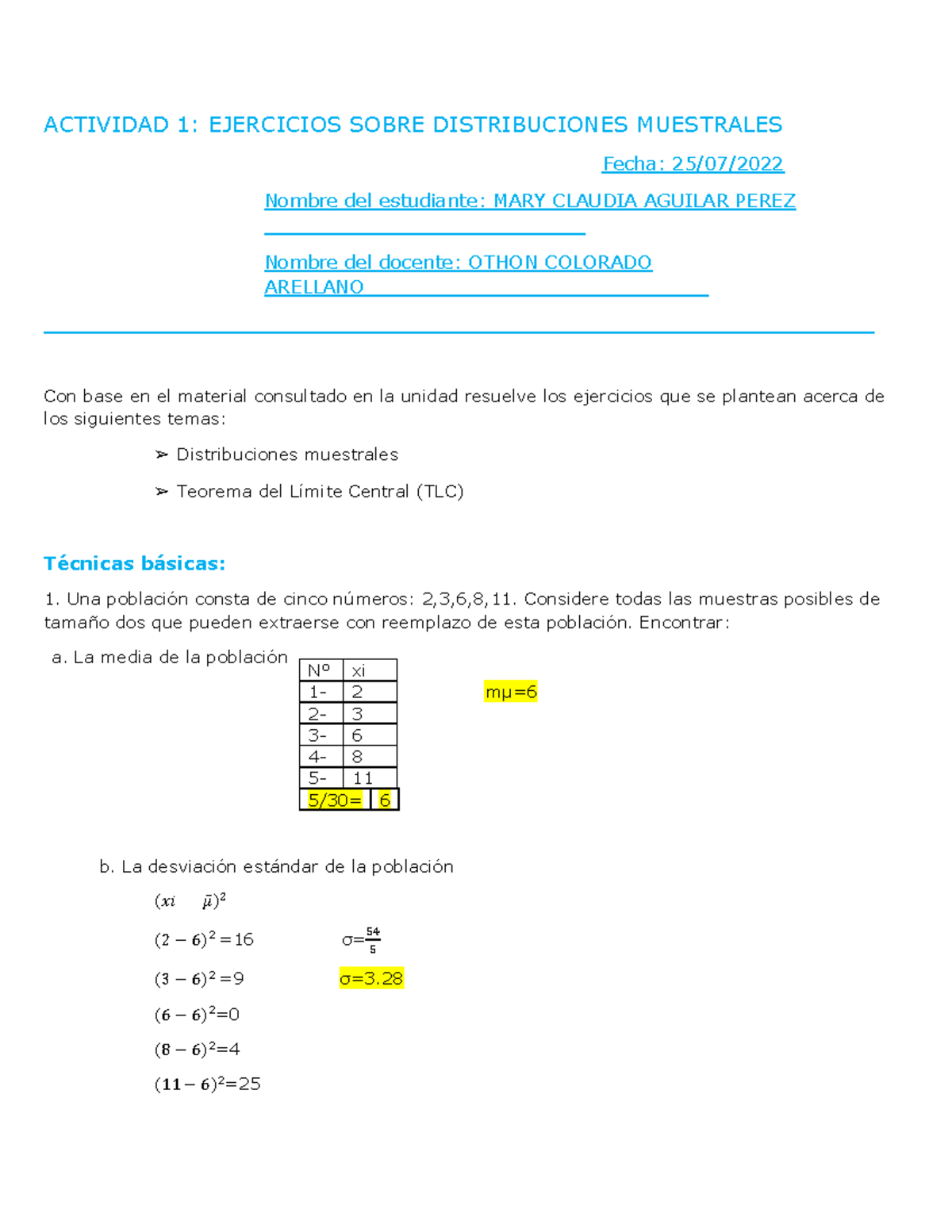 Ejercicios 1 distribuciones muestrales - ACTIVIDAD 1: EJERCICIOS SOBRE DISTRIBUCIONES MUESTRALES ...