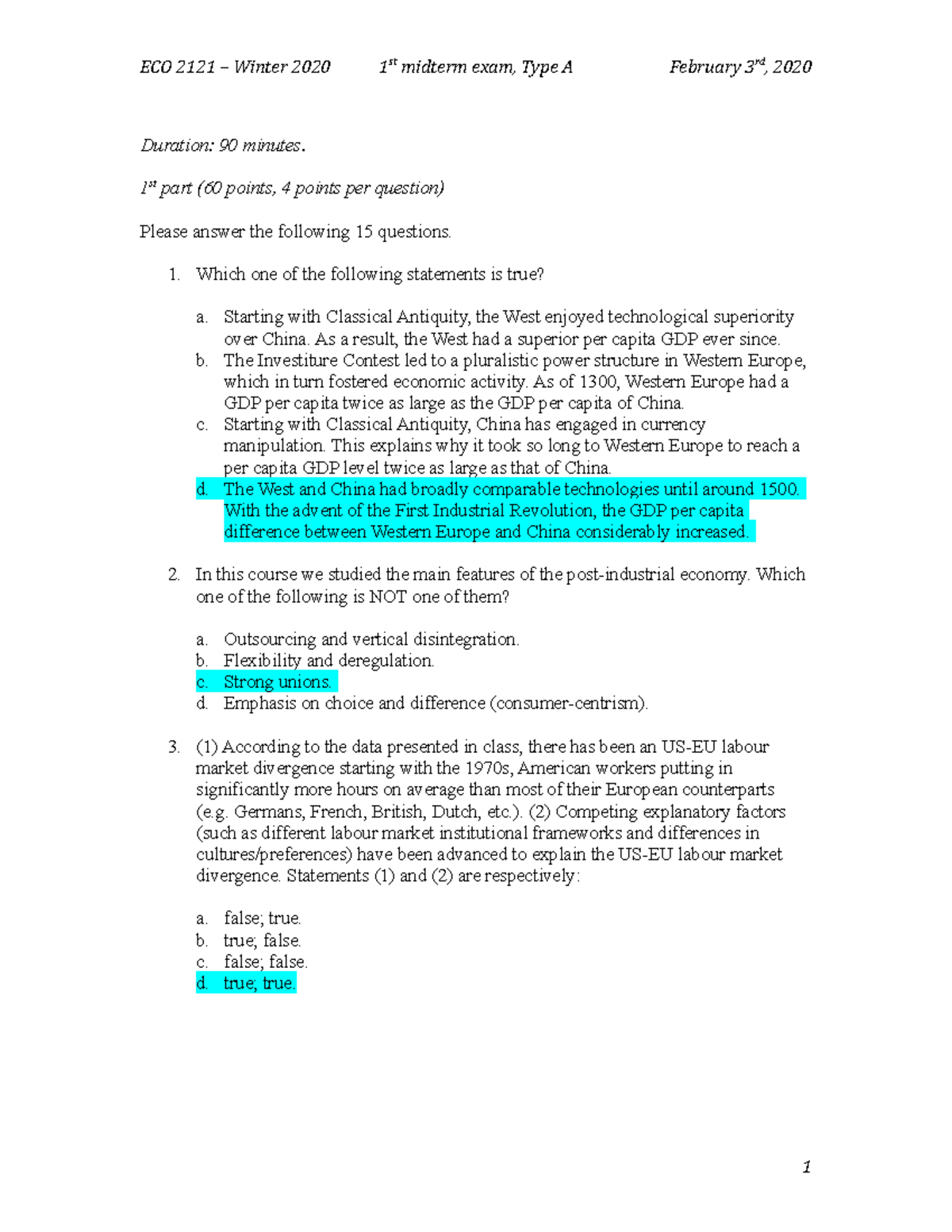 1st midterm solutions (type A) - type A - solutions - ECO 2121 – Winter ...
