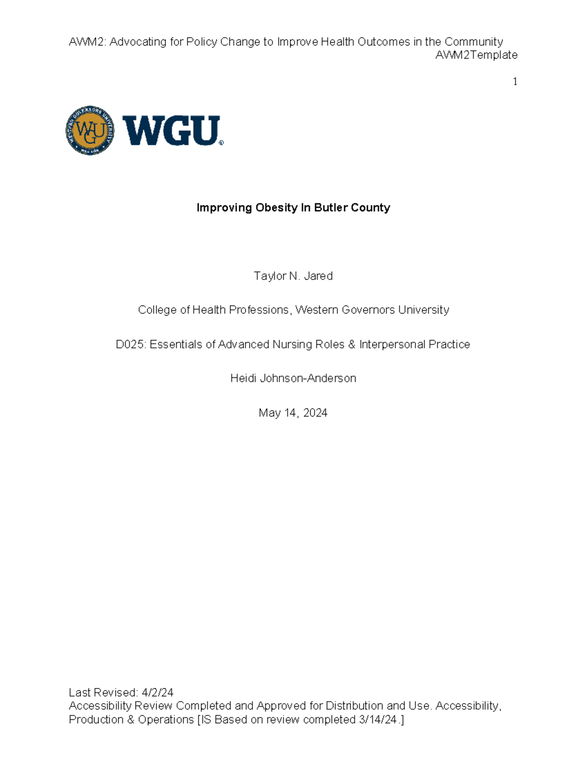 D025 AWM2-Taylor Jared - AWM2Template 1 Improving Obesity In Butler ...