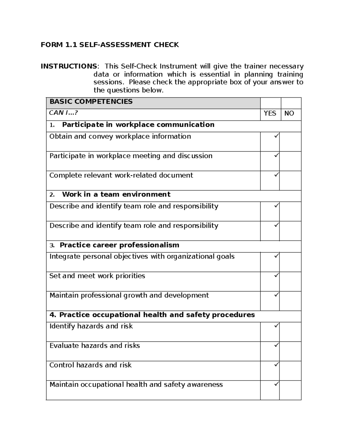 Bea TNA - Housekeeping TNA - FORM 1 SELF-ASSESSMENT CHECK INSTRUCTIONS: This Self-Check ...
