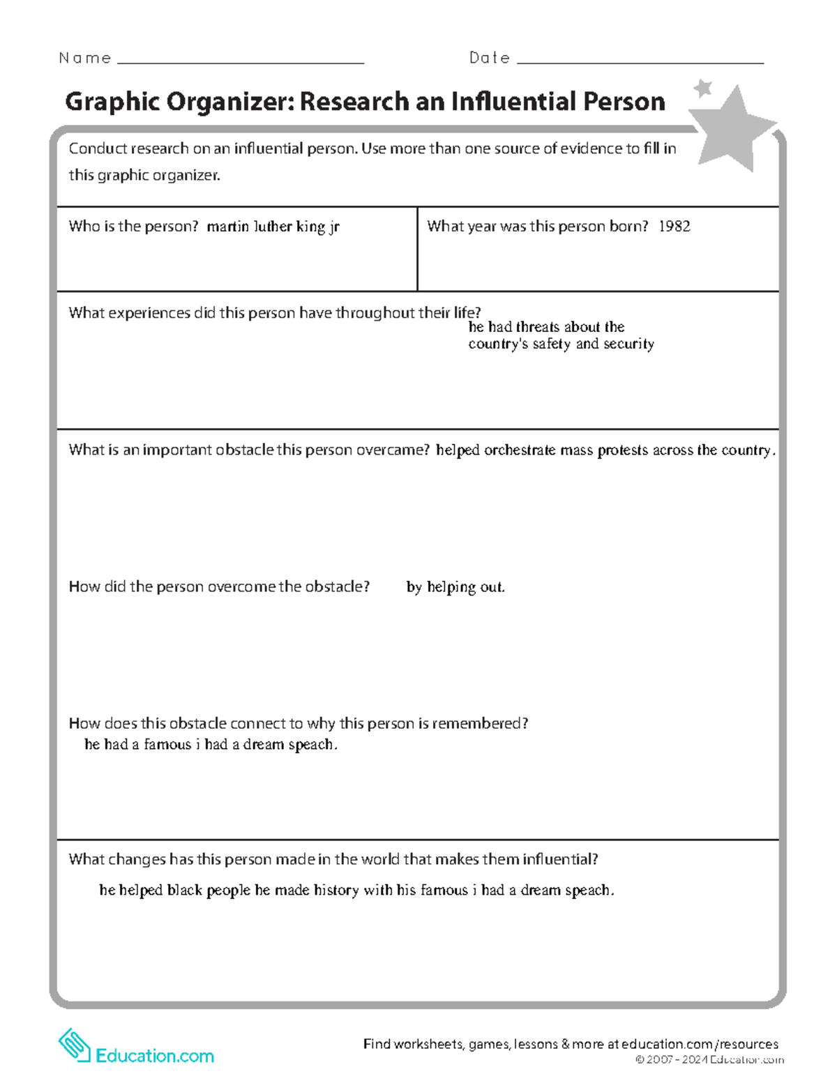 Graphic organizer research an influential person - N a m e Graphic ...