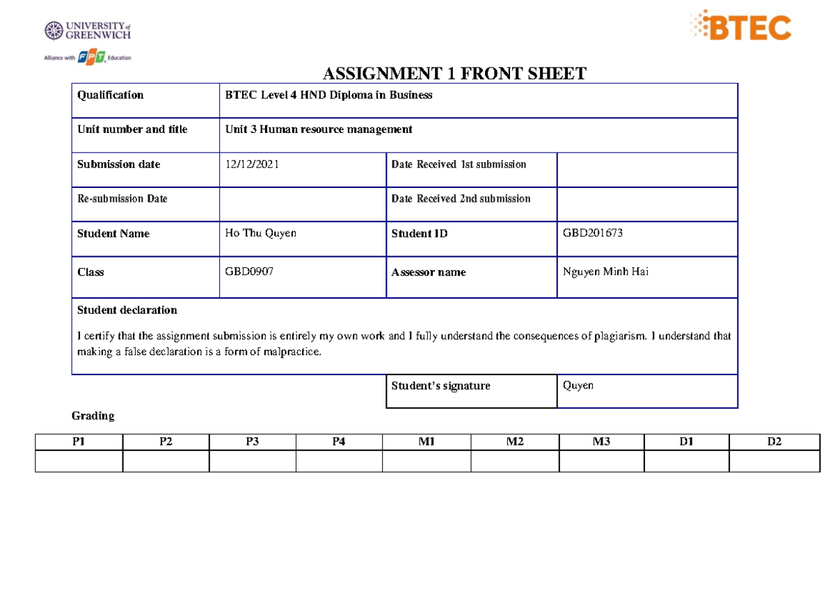 GBD0907 487 Assignment 1 Ho Thu Quyen - ASSIGNMENT 1 FRONT SHEET ...
