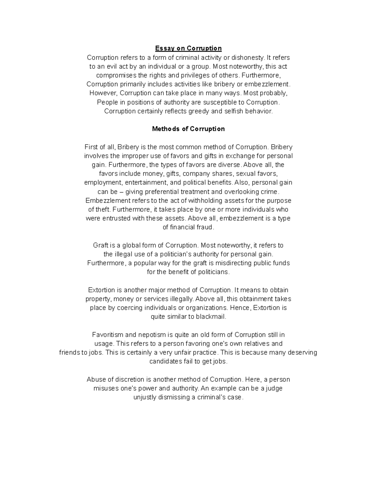 Essay on Corruption - ASSIGNMENT - Essay on Corruption Corruption ...