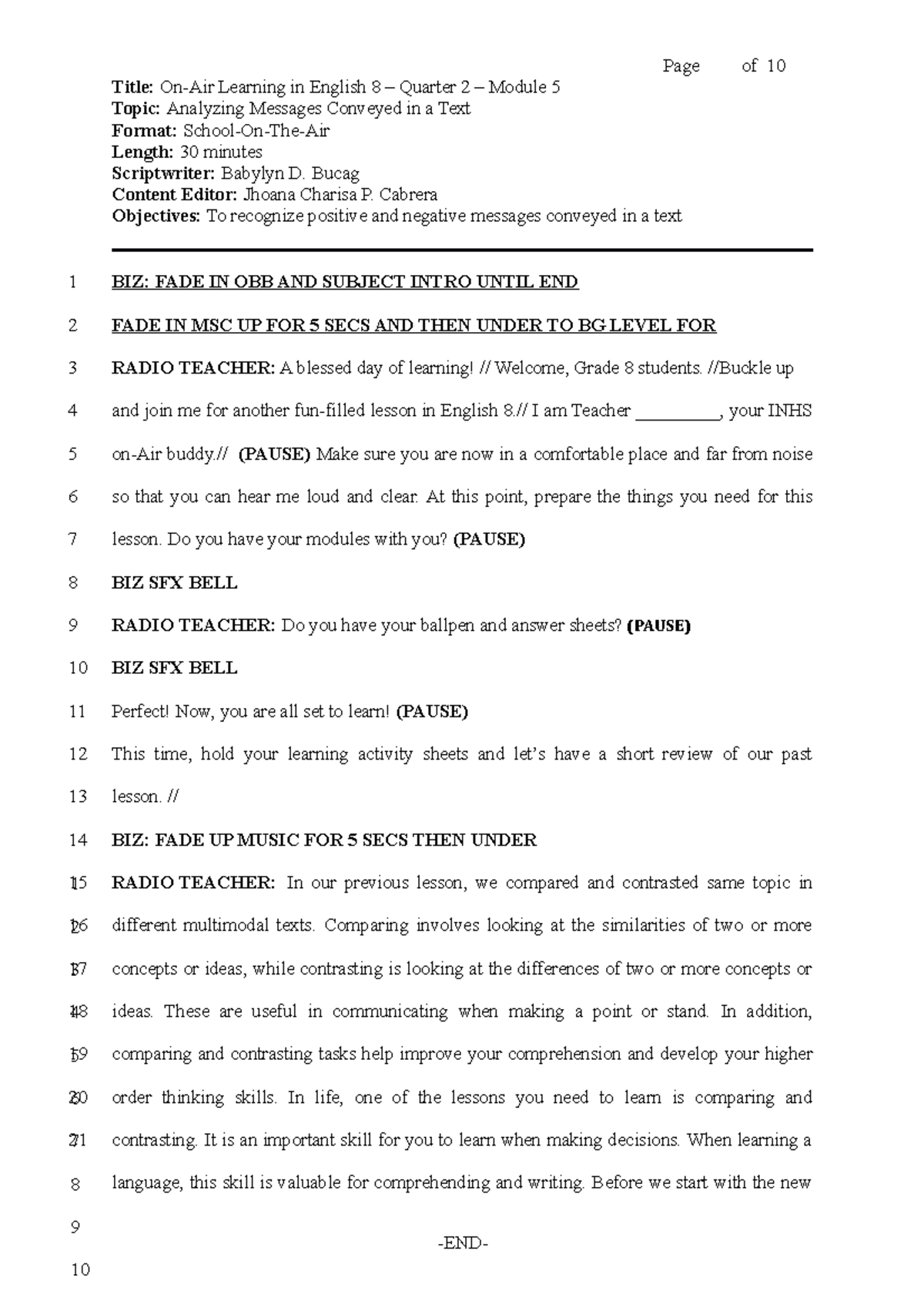 RBI English 8 Module 5 Script - Title: On-Air Learning in English 8 ...