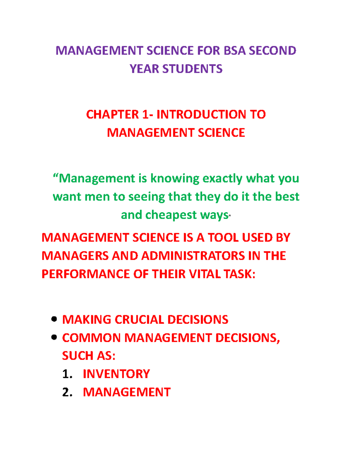 Management- Science - Mmmm - MANAGEMENT SCIENCE FOR BSA SECOND YEAR ...
