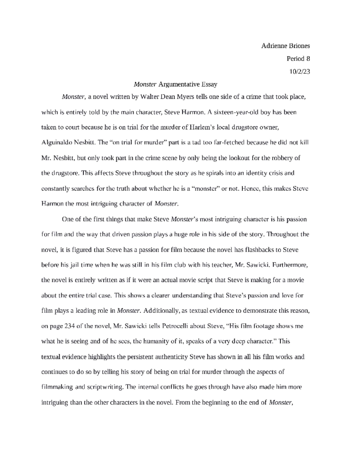 Argumentative Essay Monster Adrienne Briones - Studocu