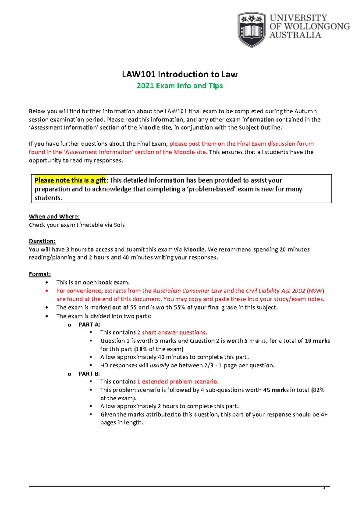 LAW101 Further Exam Guidance 2021 - LAW 101 - UOW - Studocu