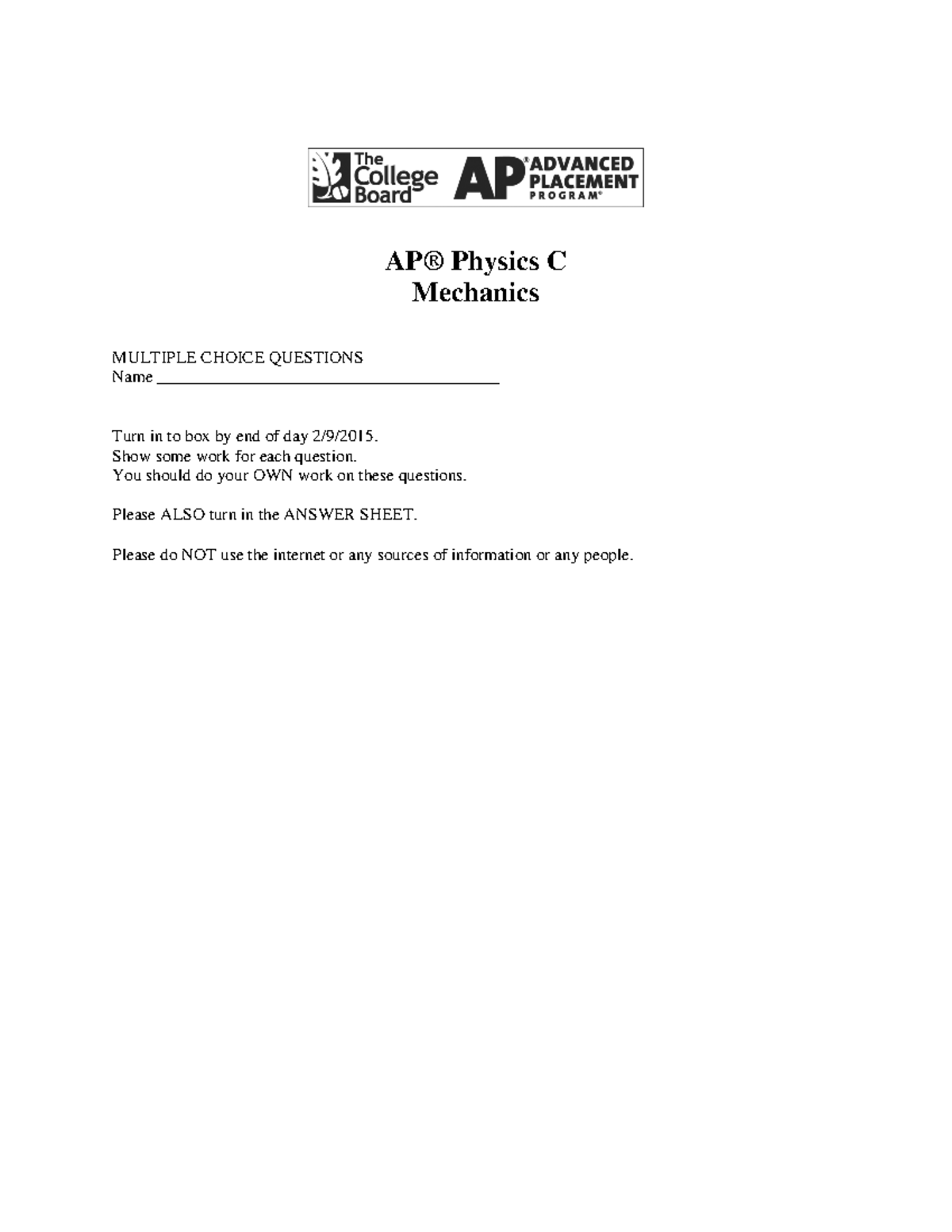 AP Physics C Mechanics Practice - AP® Physics C Mechanics MULTIPLE ...