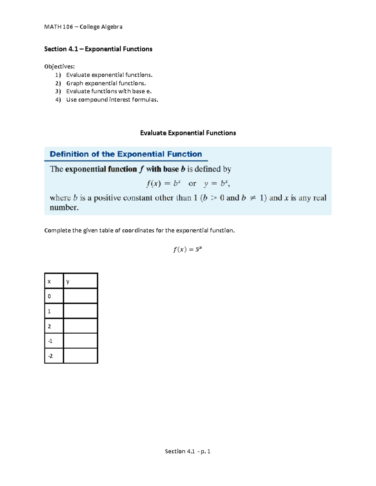 Section 4.1 Lecture Notes - Section 4 – Exponential Functions ...