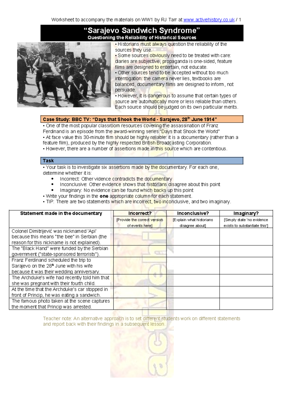 Yr11 Sarajevo Sandwich Syndrome - Worksheet to accompany the materials ...