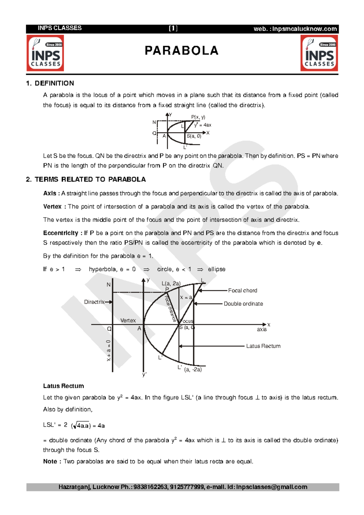 Theory Parabola - INPS 1. DEFINITION A parabola is the locus of a point ...