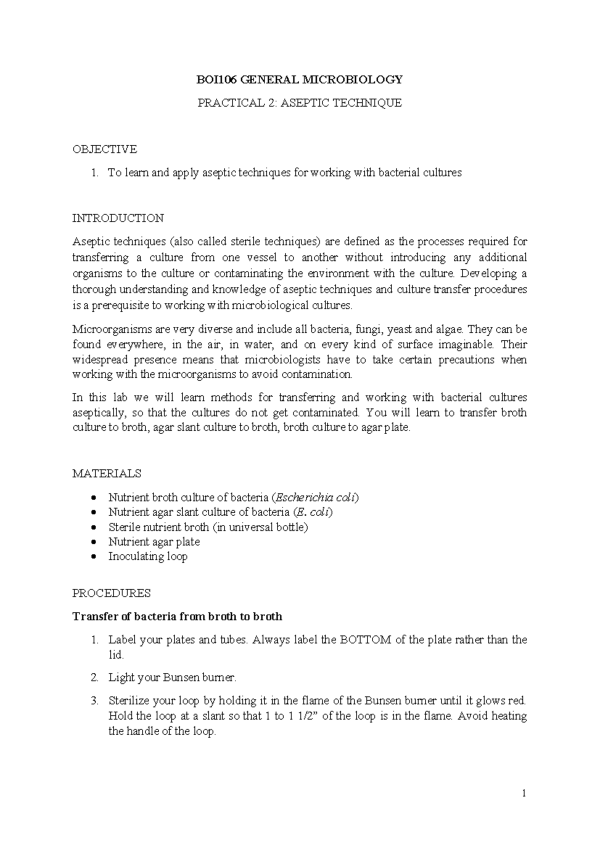 Practical 2 Aseptic Technique - BOI 106 GENERAL MICROBIOLOGY PRACTICAL ...