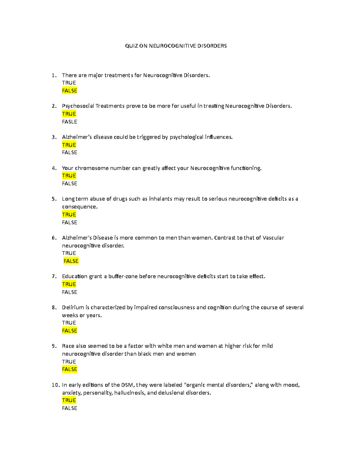 QUIZ ON Neurocognitive Disorders - QUIZ ON NEUROCOGNITIVE DISORDERS ...