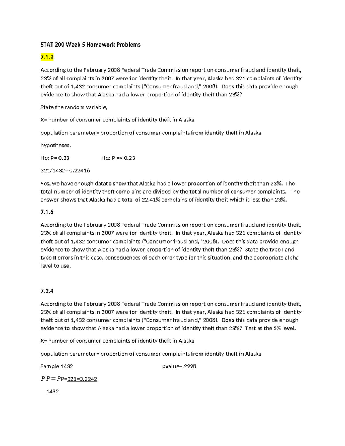 STAT 200 Week 5 Homework Problems - STAT 200 Week 5 Homework Problems 7 ...