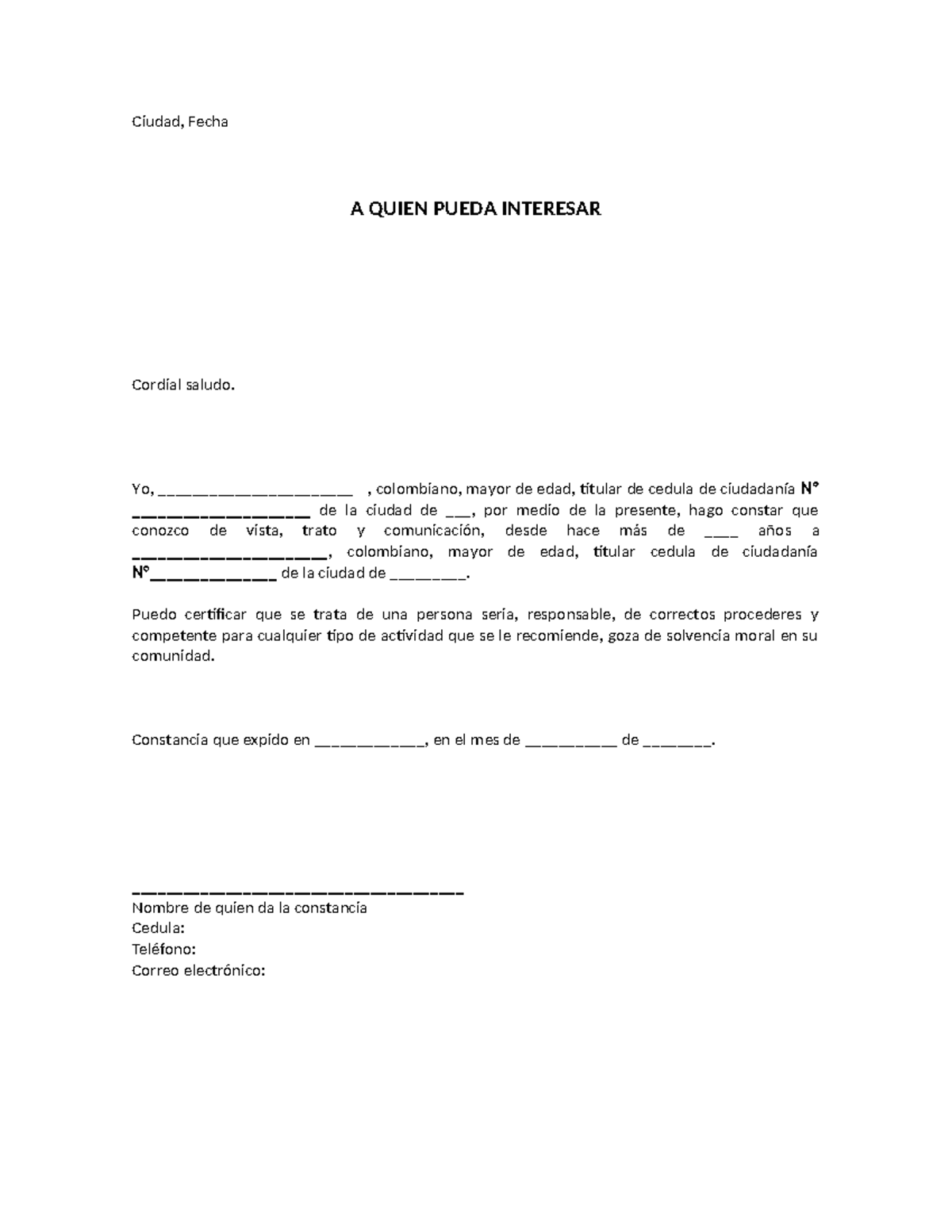 Carta Recomendacion formato - Ciudad, Fecha A QUIEN PUEDA INTERESAR ...