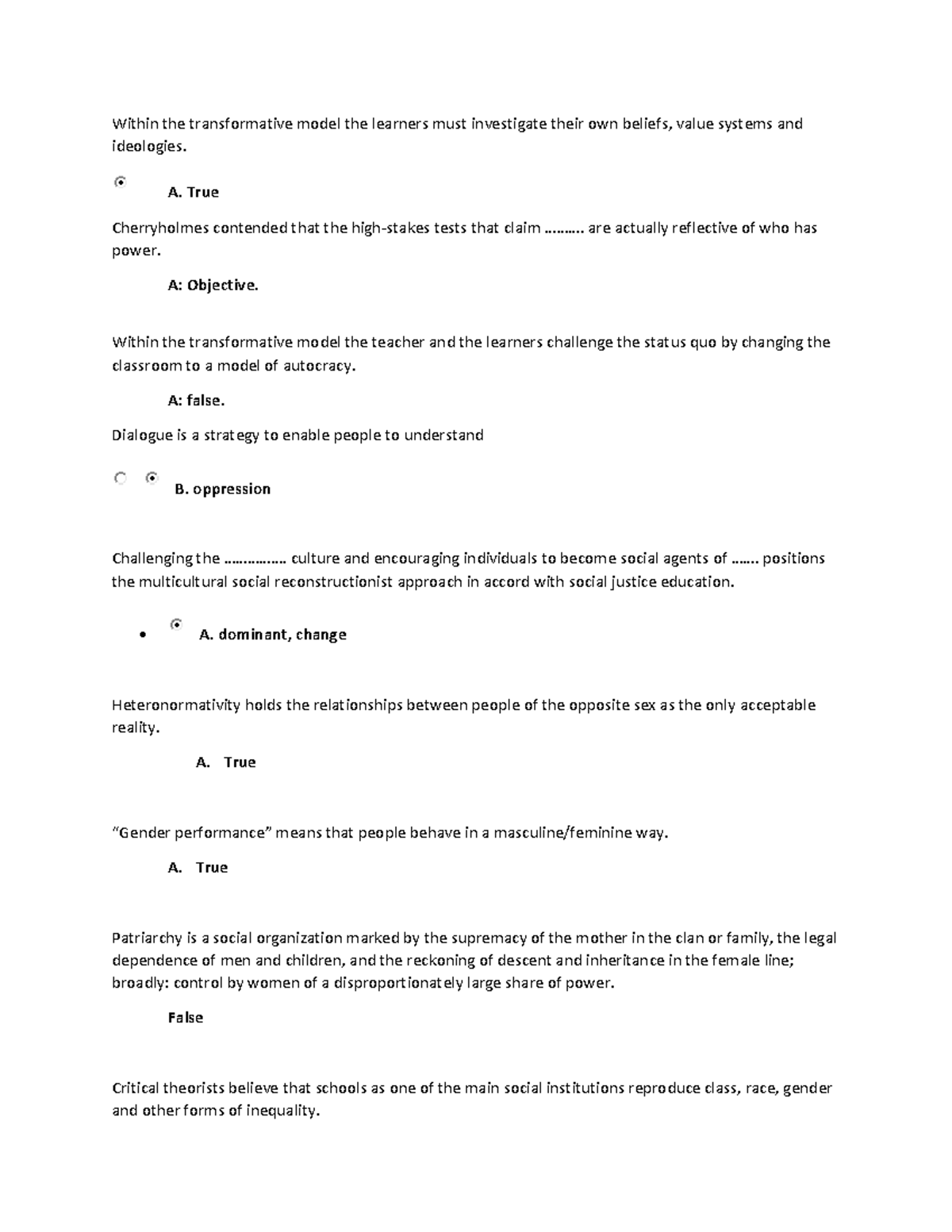 TEST 2 edcc325 - it is an assignment. - Within the transformative model ...