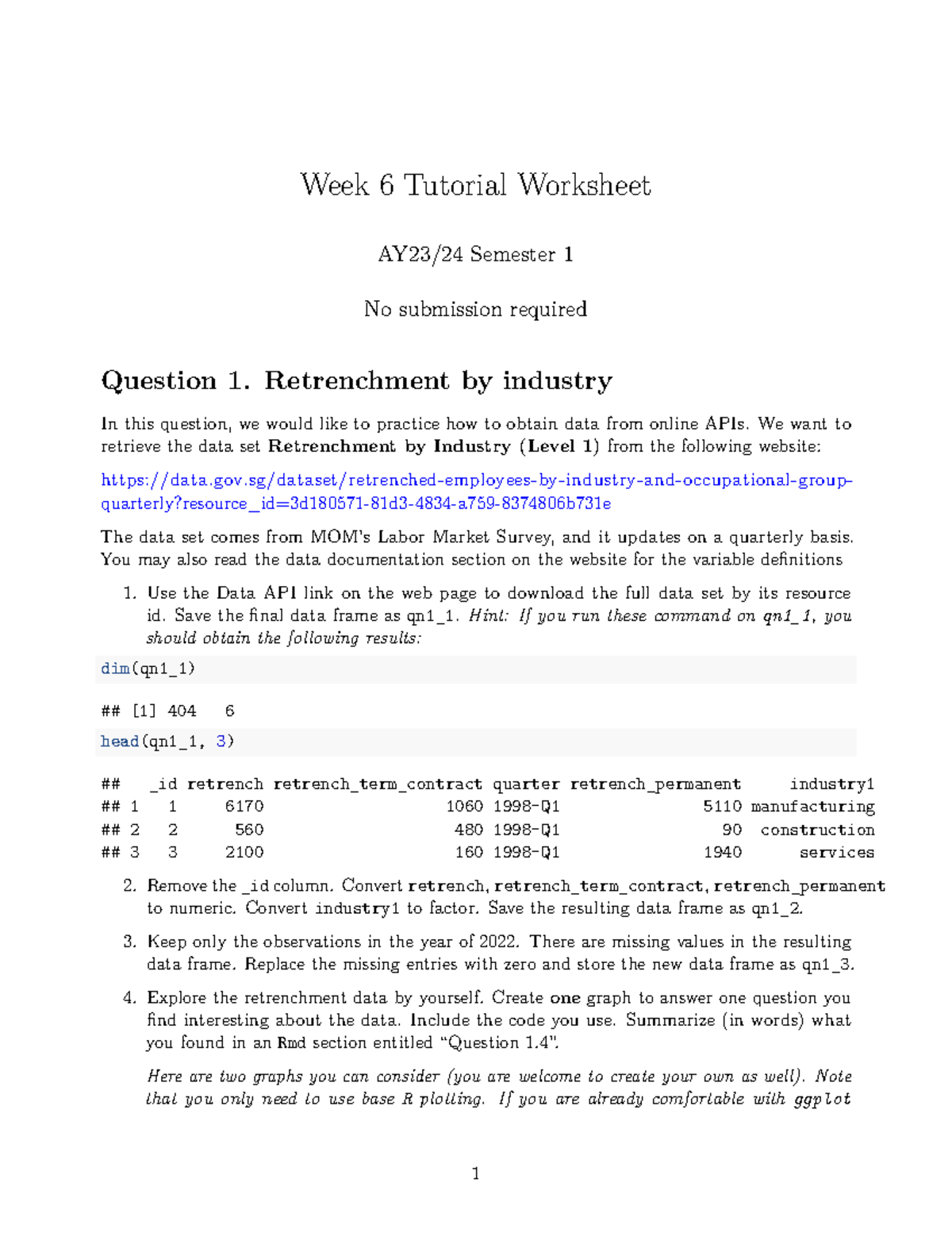 Tutorial worksheet wk6 - Week 6 Tutorial Worksheet AY23/24 Semester 1 No submission required ...