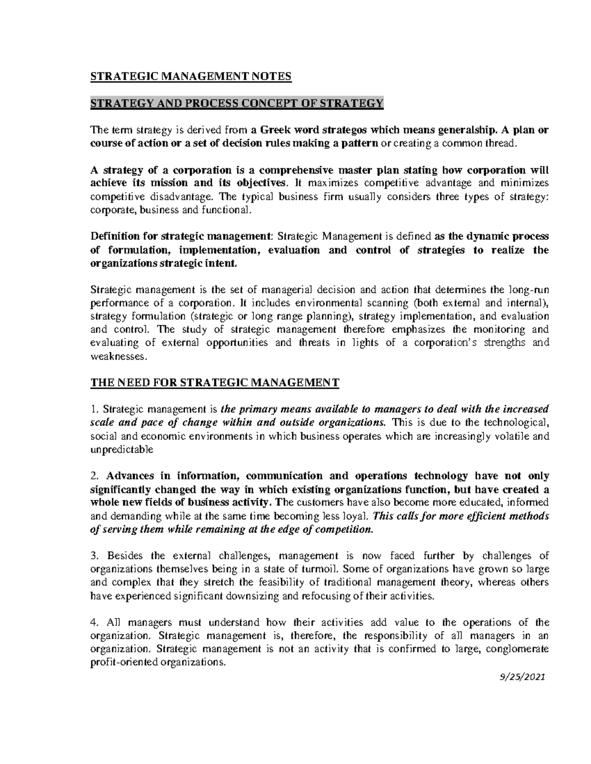 Strategic Management Notes - 9/25/ STRATEGIC MANAGEMENT NOTES STRATEGY ...