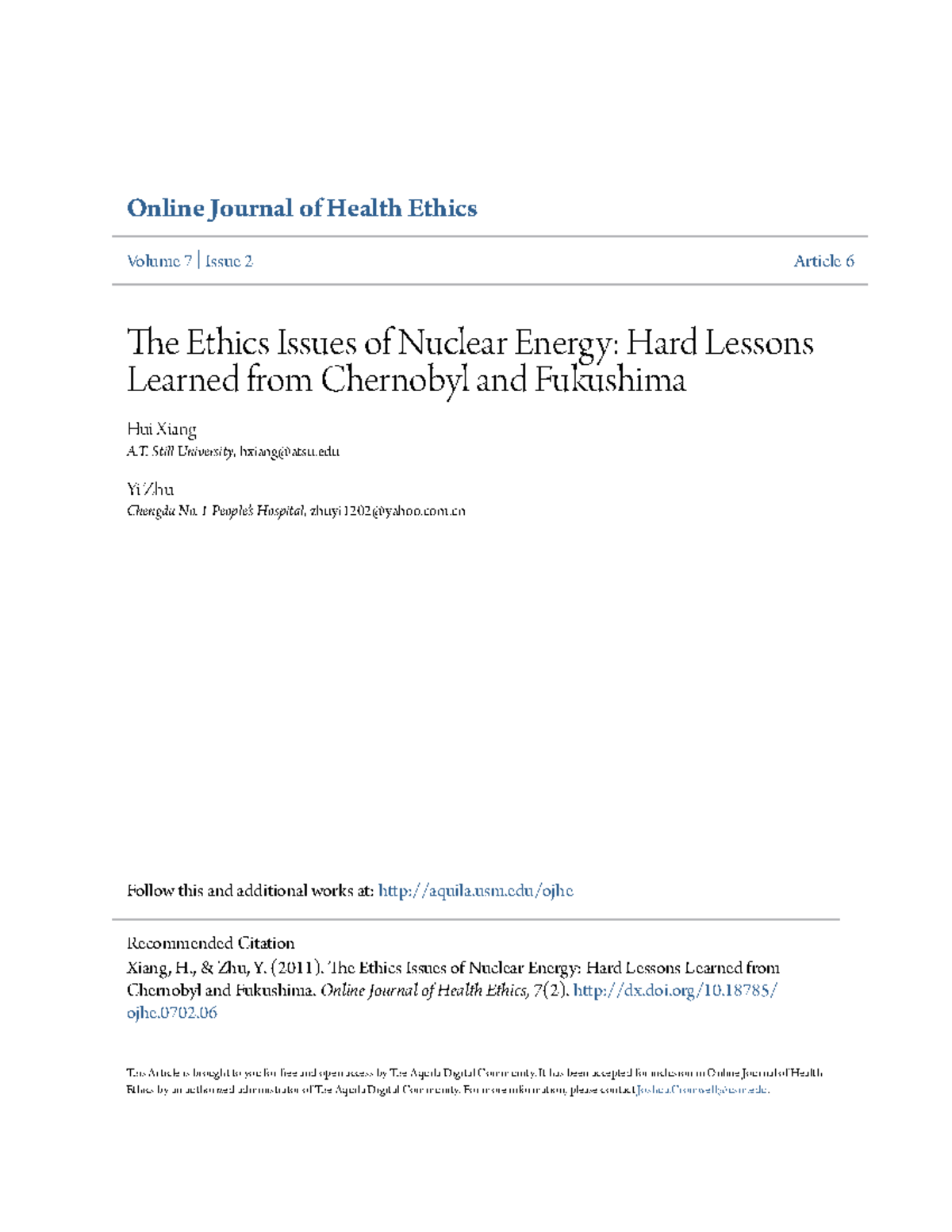 The Ethics Issues of Nuclear Energy - Still University , hxiang@atsu Yi ...