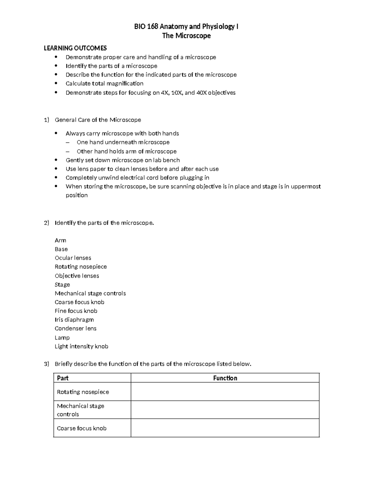 BIO 168 The Microscope - BIO 168 Anatomy and Physiology I The ...
