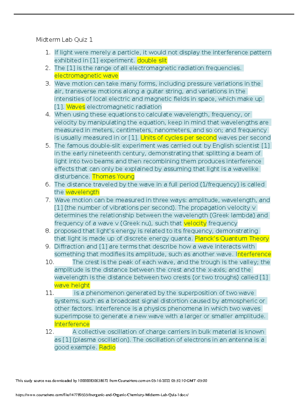 Inorganic and Organic Chemistry Midterm Lab Quiz 1 - Midterm Lab Quiz 1 ...