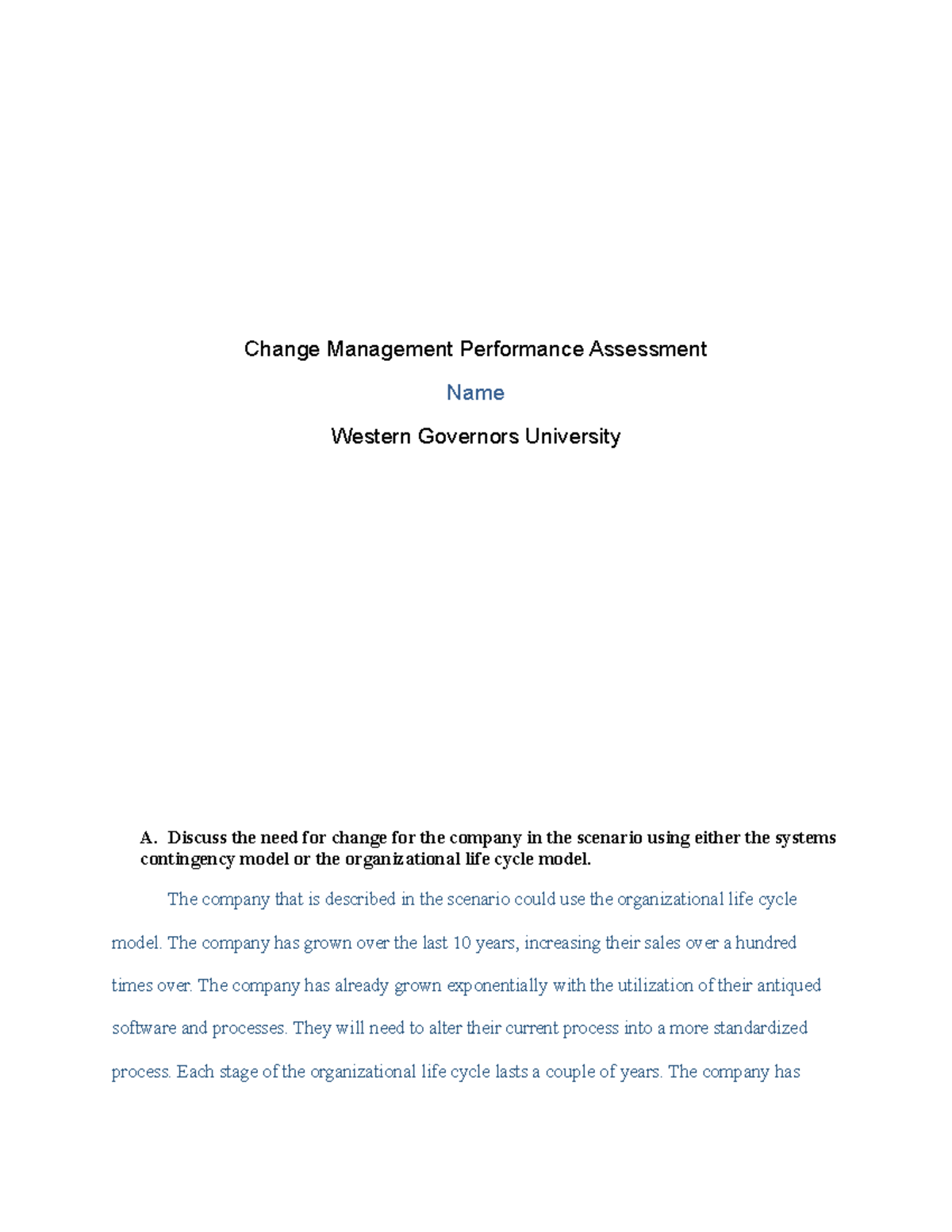 C721 Task 1 - C721 Task 1 - Change Management Performance Assessment ...
