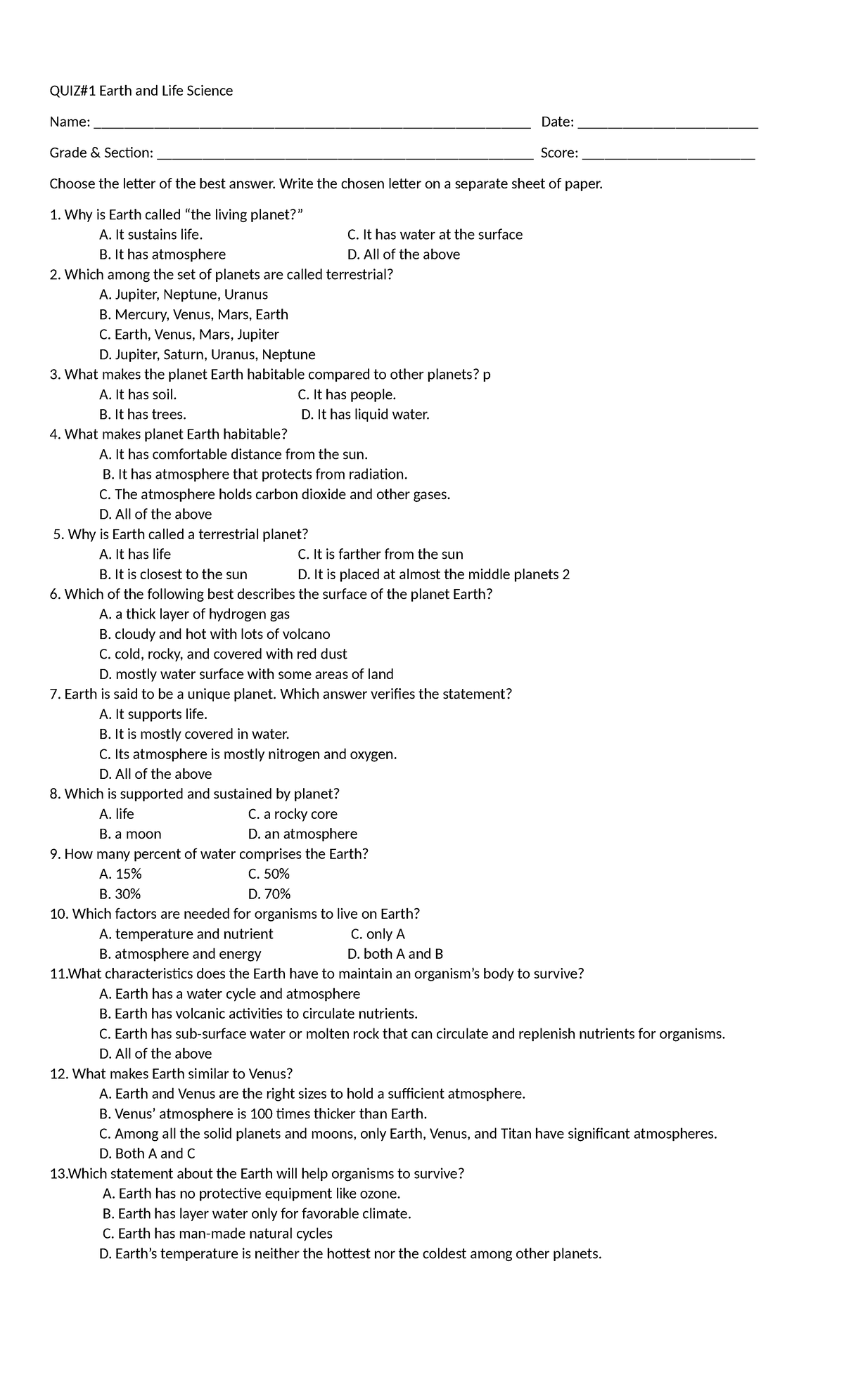 QUIZ 1 - assessment - QUIZ#1 Earth and Life Science Name: - Studocu