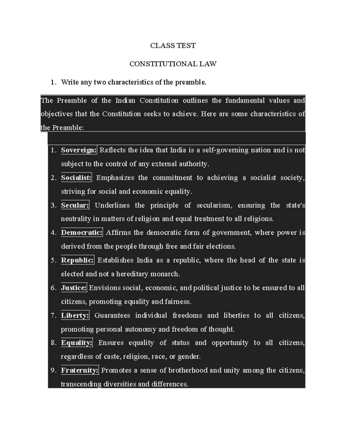 Class TEST Constitutional LAW - CLASS TEST CONSTITUTIONAL LAW 1. Write ...