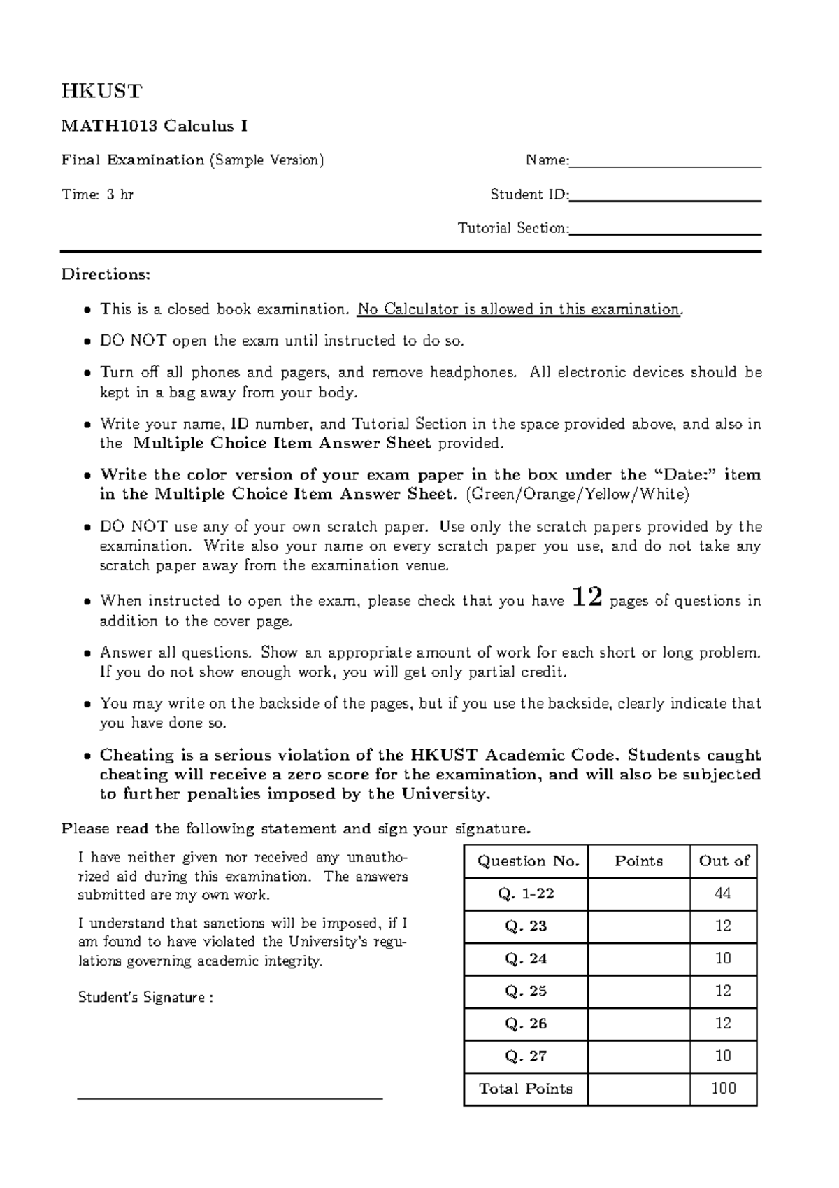 MATH1013 Sample Final - HKUST MATH1013 Calculus I Final Examination ...