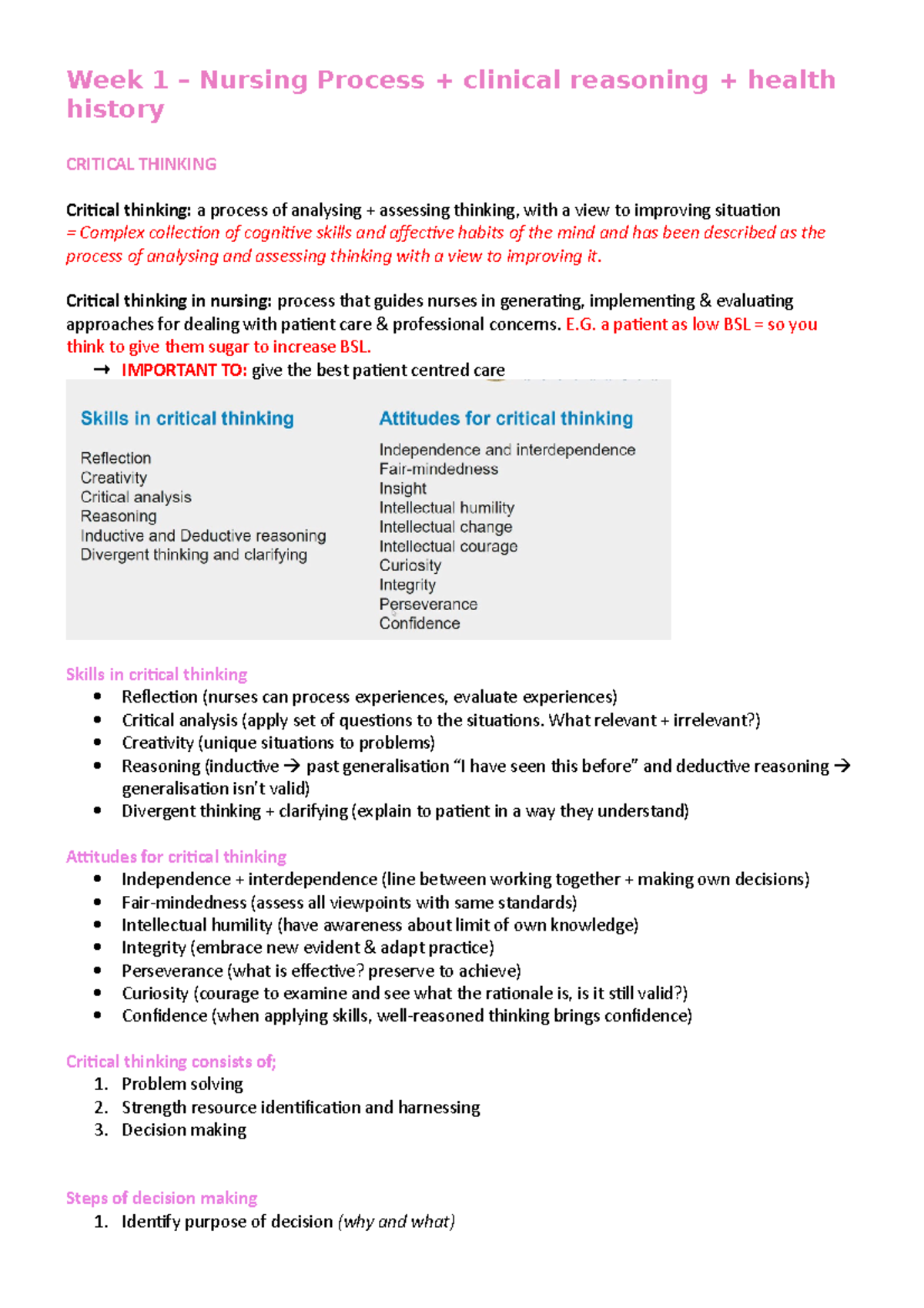 Week 1 – Nursing Process + clinical reasoning + health history - Week 1 ...