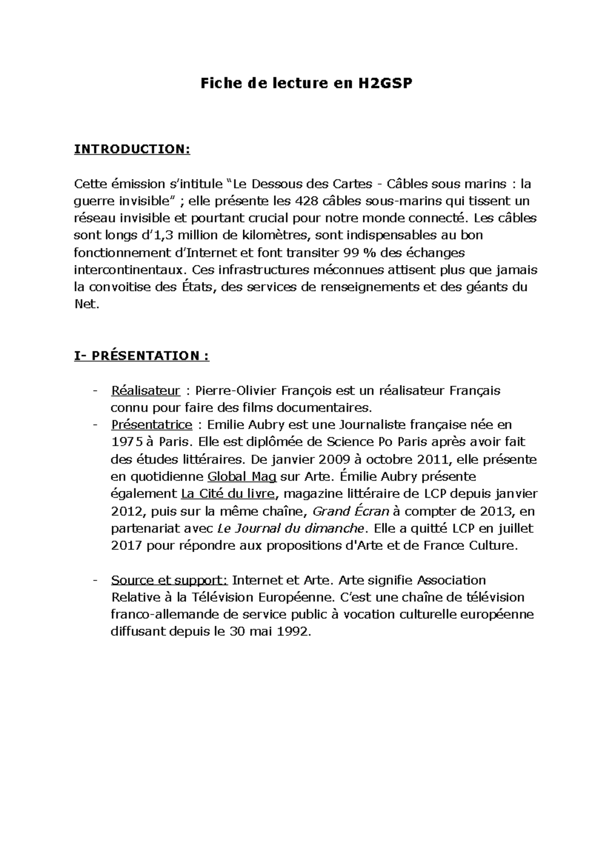 Fiche de lecture sur "Le dessous des cartes" - Fiche de lecture en ...