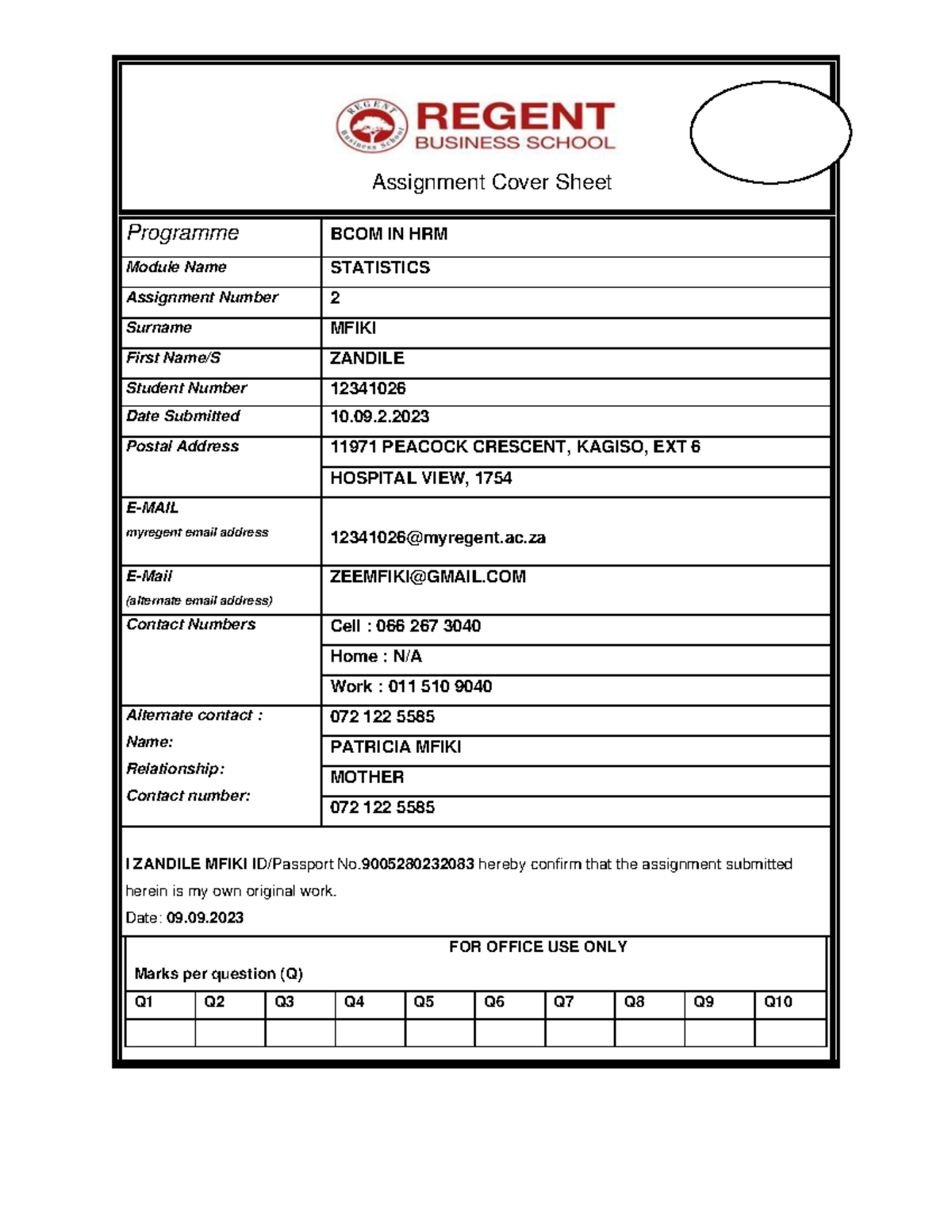 Statistics Assignment -12341026 - Assignment Cover Sheet Programme BCOM ...