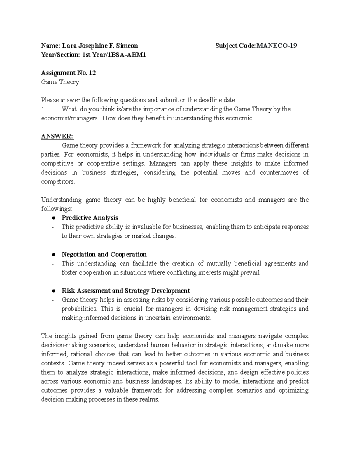 Assignment 12- Managerial Economics - Name: Lara Josephine F. Simeon ...